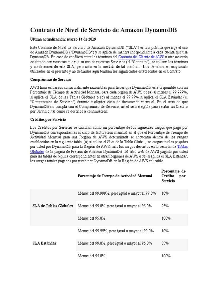 Amazon DynamoDB Service Level Agreement-April2019-ES | PDF