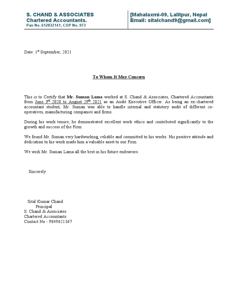 Experience Letter for Suman Lama | PDF