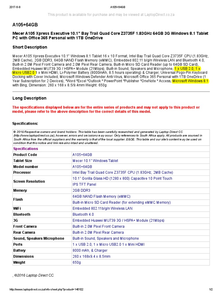 Mecer A105+64GB | PDF | Laptop | Tablet Computer