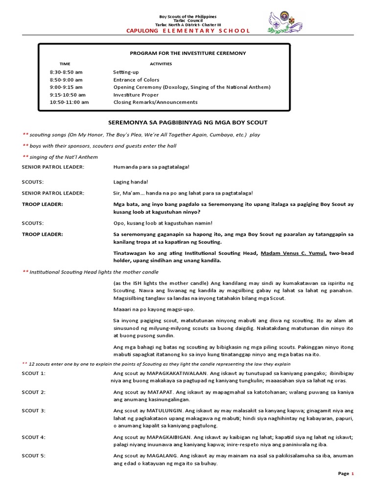 Program Investiture Ceremony BSP by RCT | PDF