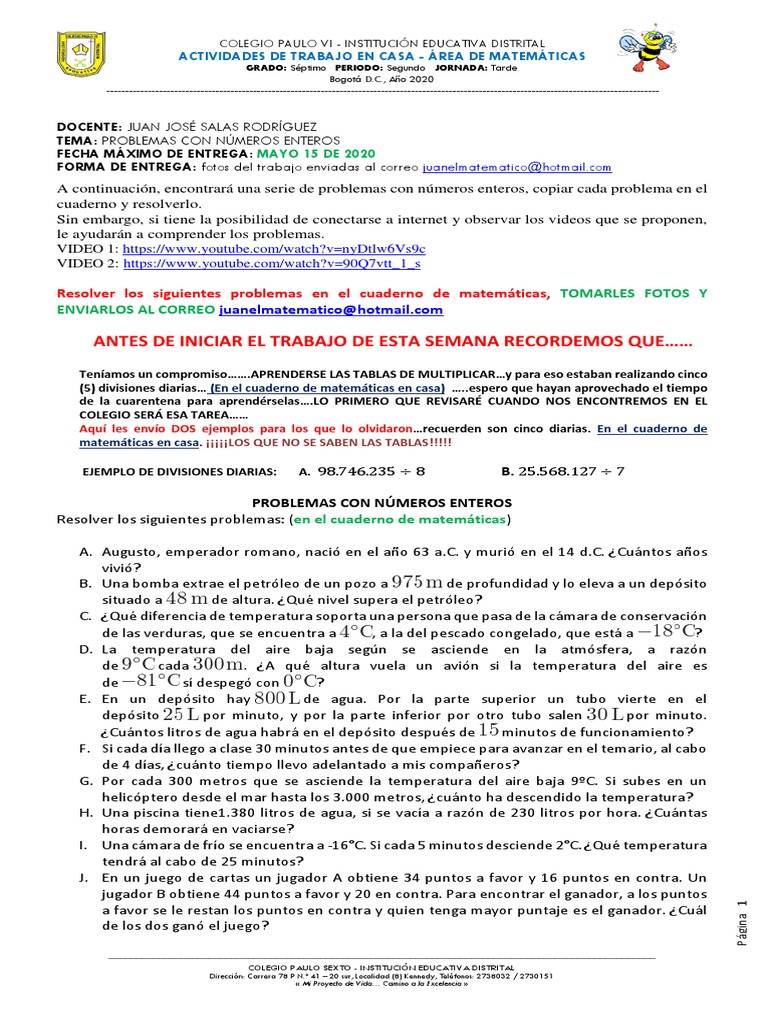 Taller Problemas Con Números Enteros | PDF