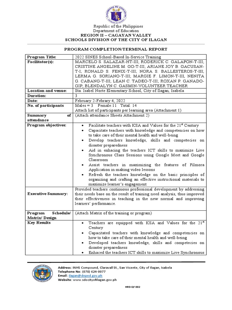 Terminal Report on 2022 In-Service Training | PDF | Educational ...