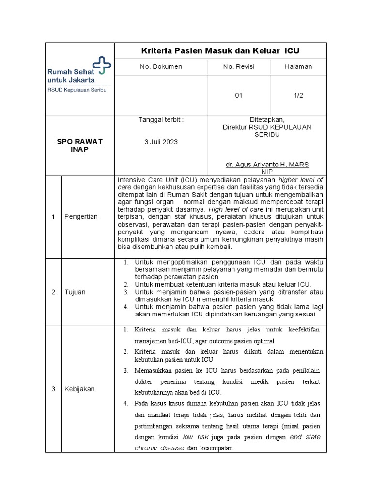 SOP Kriteria Keluar Masuk Icu | PDF