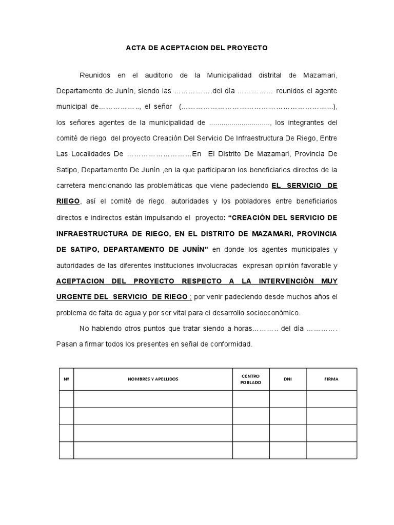 Acta de Aceptacion Del Proyecto | PDF Acta de Aceptacion Del Proyecto | PDF