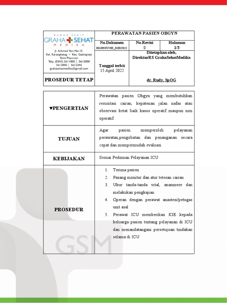 Sop Perawatan Pasien Obgyn | PDF