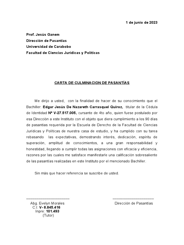 Carta de Culminacion de Pasantias | PDF
