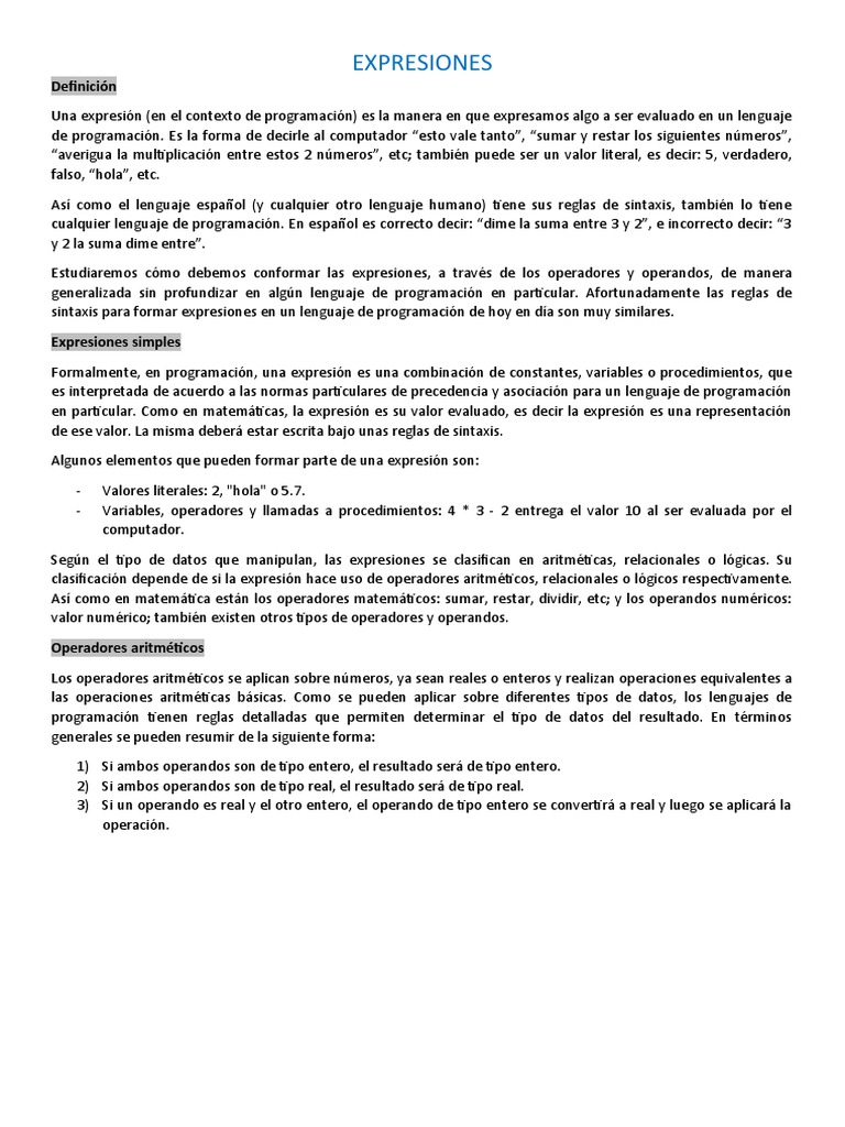 Guía de Expresiones en Programación | PDF | Lenguaje de programación ...