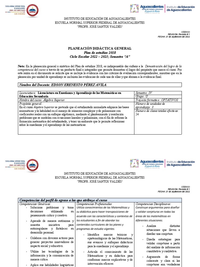 Álgebra Superior Planeación Didáctica General | PDF