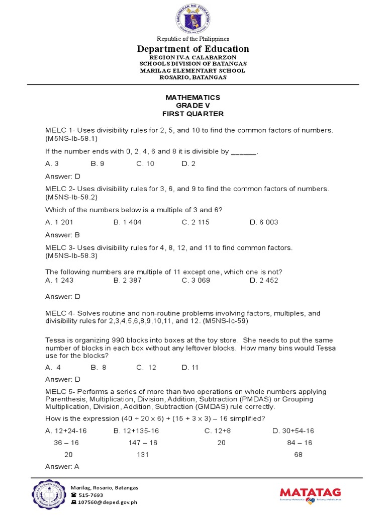 Marilag Es-Grade V-Mathematics-Data Bank-First Quarter | PDF ...