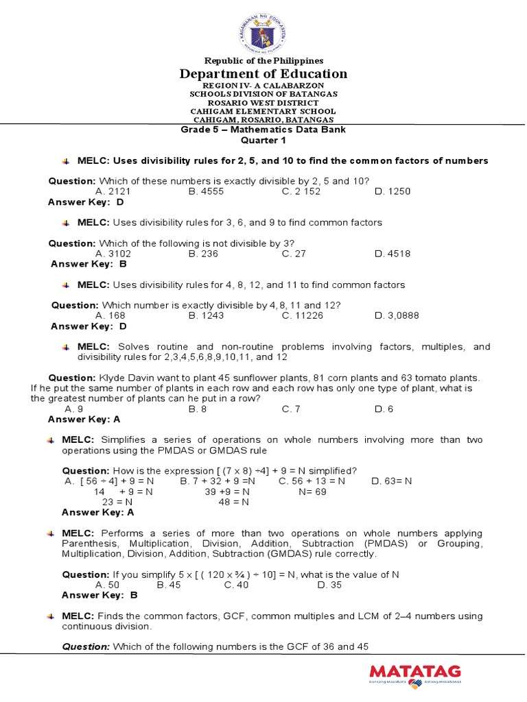 Cahigam Es Grade 5 Q1 Data-Bank-In-Math-5 | PDF | Multiplication | Mathematics