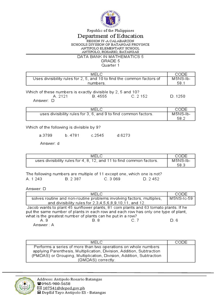 ITLUGAN ES DATA BANK Grade 5 First Quarter | PDF
