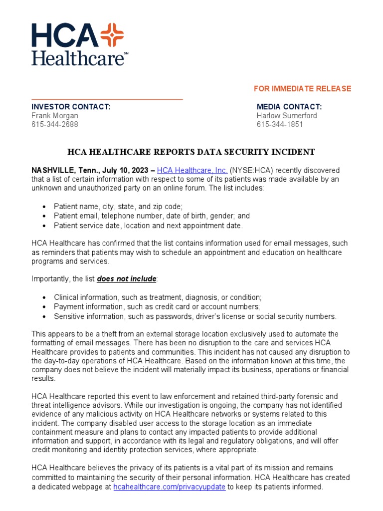 News - HCA Healthcare Reports Data Security Incident - FINAL | PDF ...