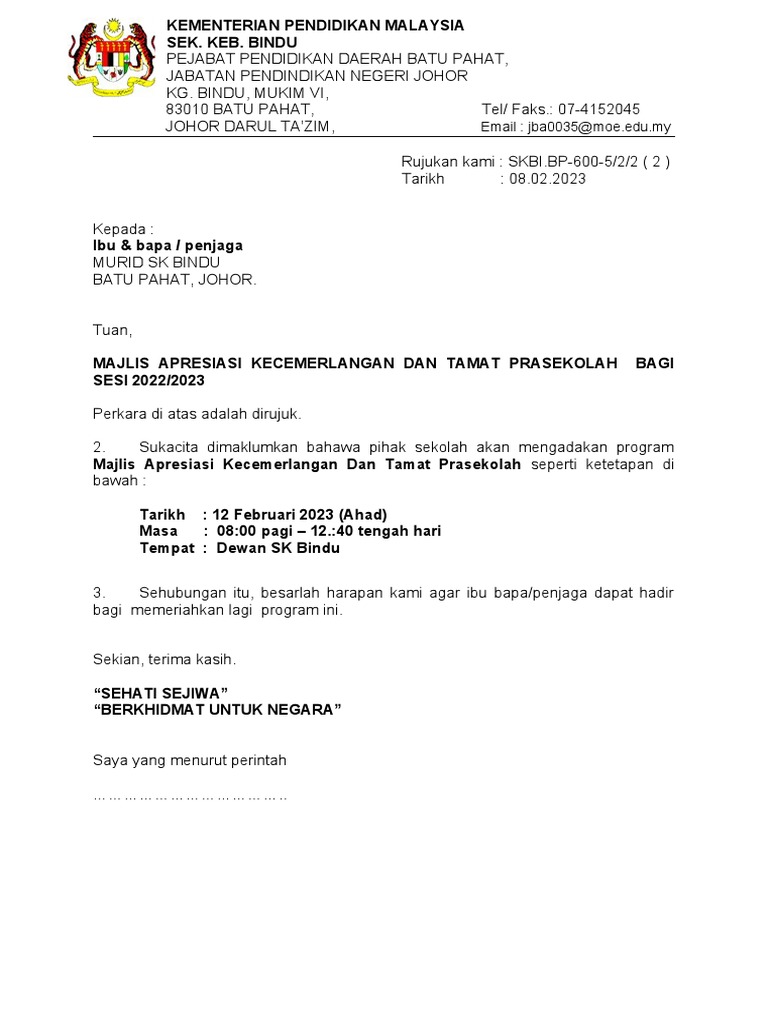 SURAT Jemput IBU BAPA Majlis Apresiasi | PDF