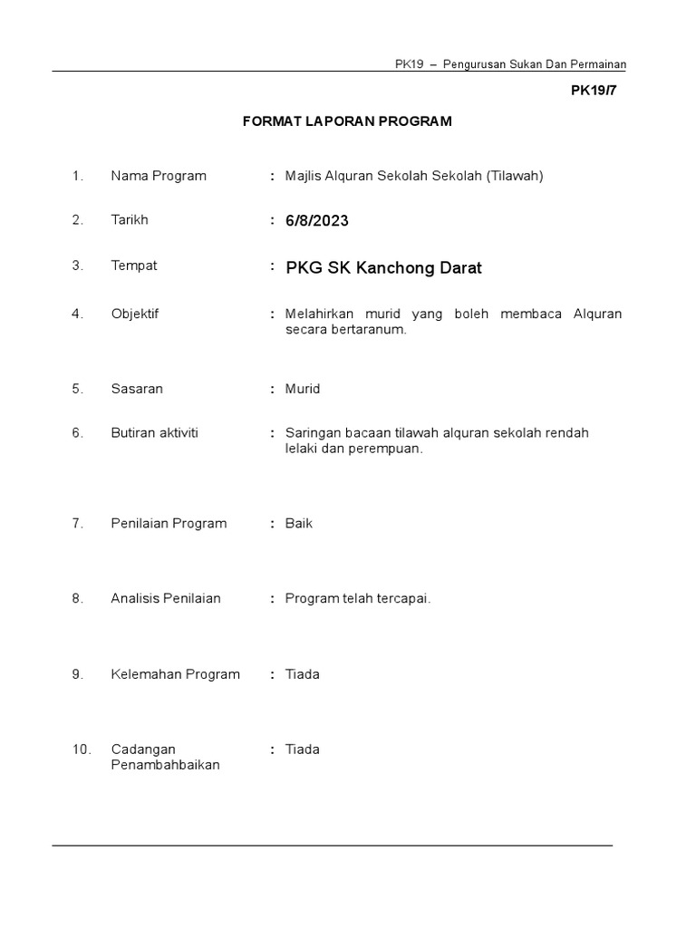 Laporan Program Majlis Alquran Sekolah Sekolah (Tilawah) 6-8-2023 | PDF