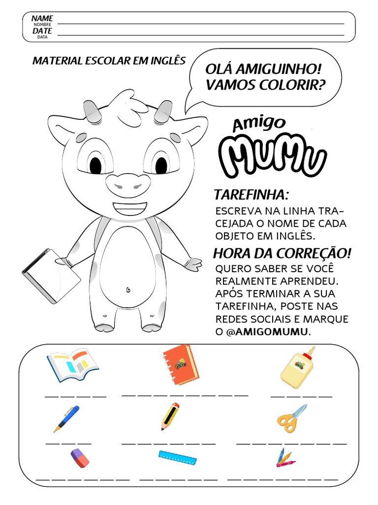 Atividade Amigo Mumu Material Escolar em Ingles | PDF