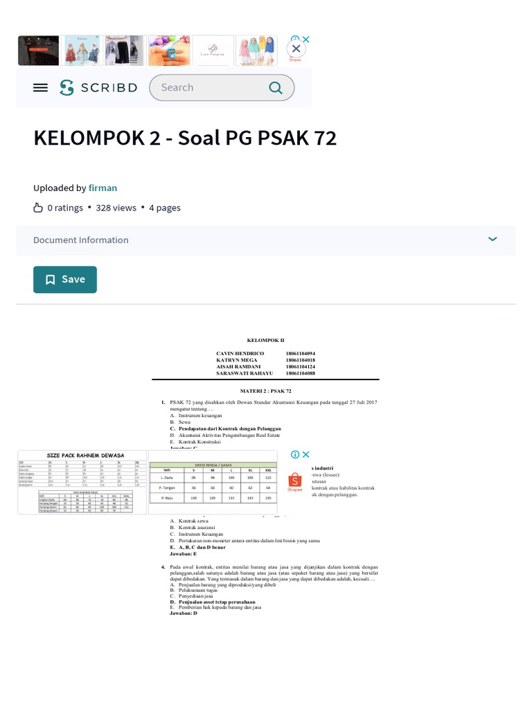 KELOMPOK 2 - Soal PG PSAK 72 PDF | PDF