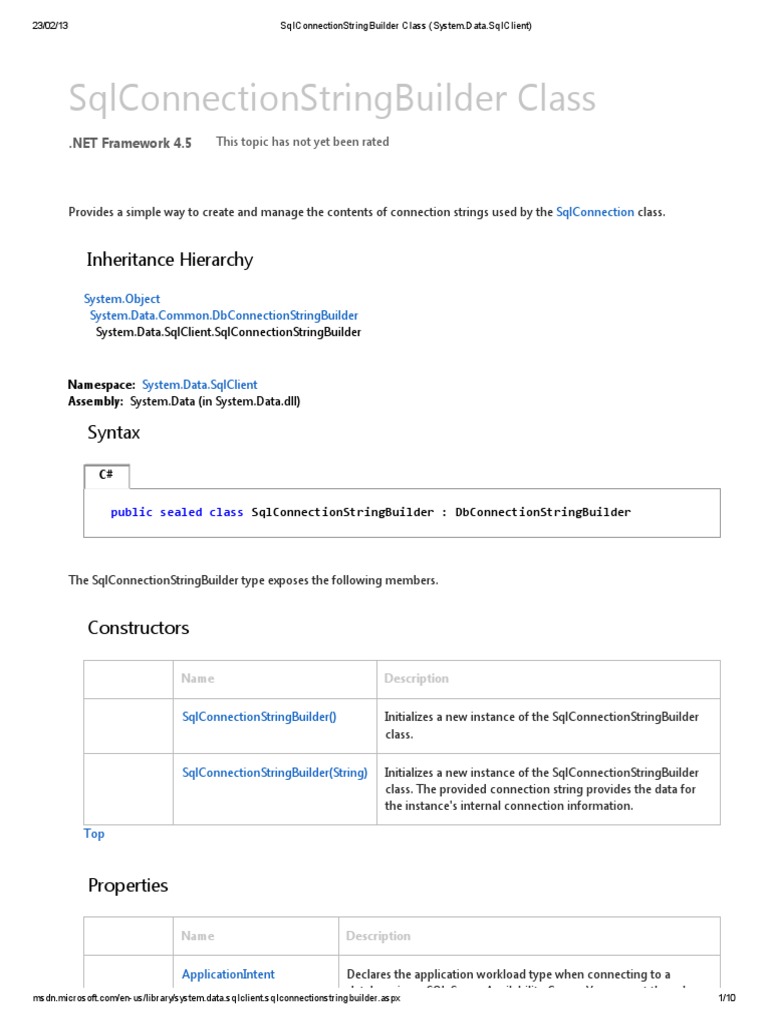 SqlConnectionStringBuilder Class (System - Data) | PDF | Inheritance (Object Oriented ...