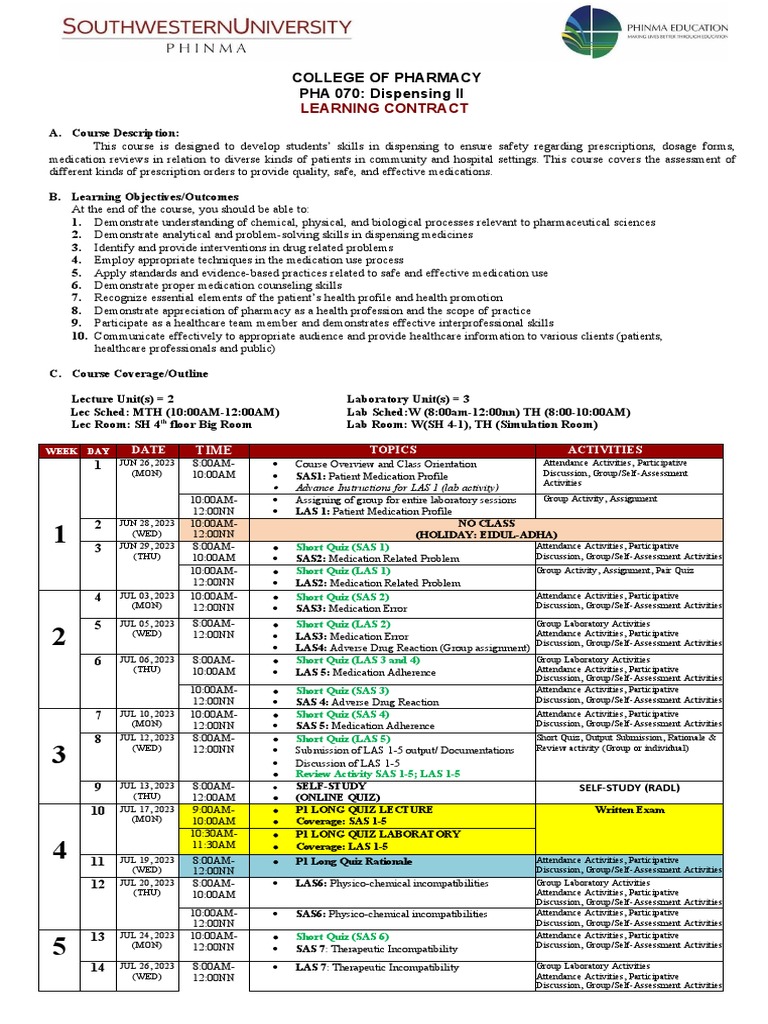 Learning Contract For Face To Face Classes PHA 070 C2 | PDF