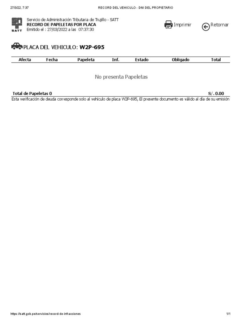 Registro de Papeletas por Placa W2P-695 | PDF