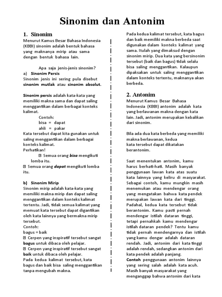 Sinonim Dan Antonim | PDF