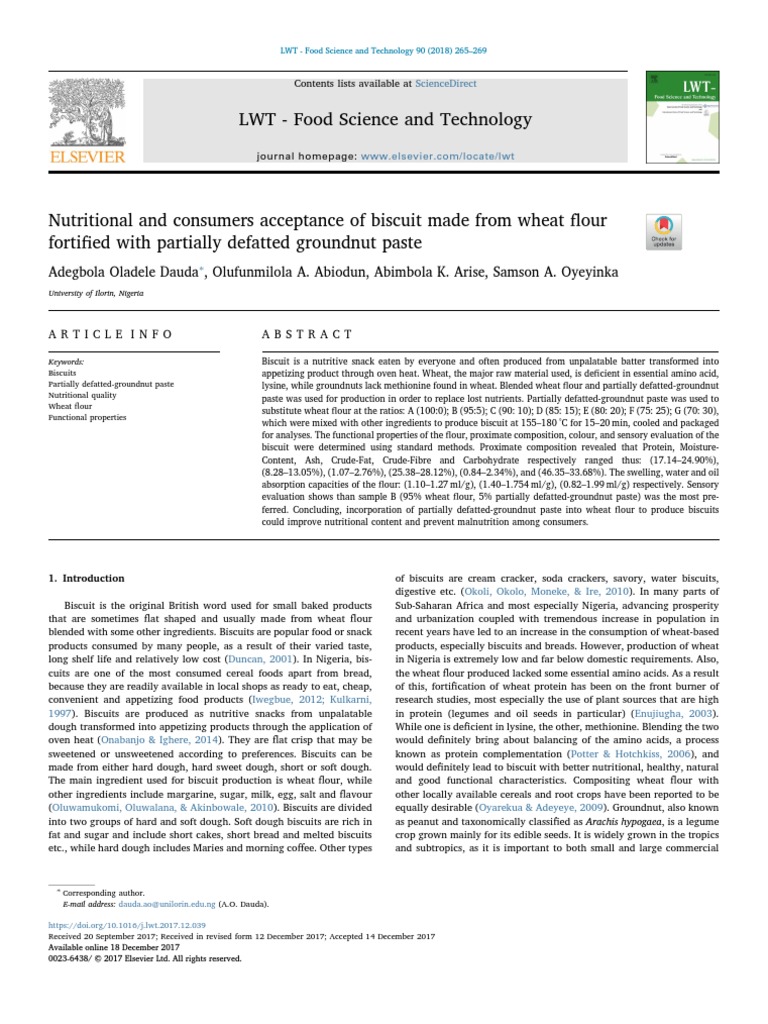 Nutritional and Consumer Acceptance of Biscuit Made From Wheat Flour ...