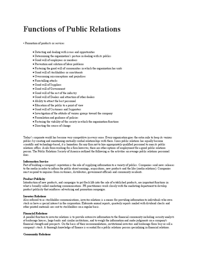 Functions of Public Relations | PDF | Public Relations | Stocks