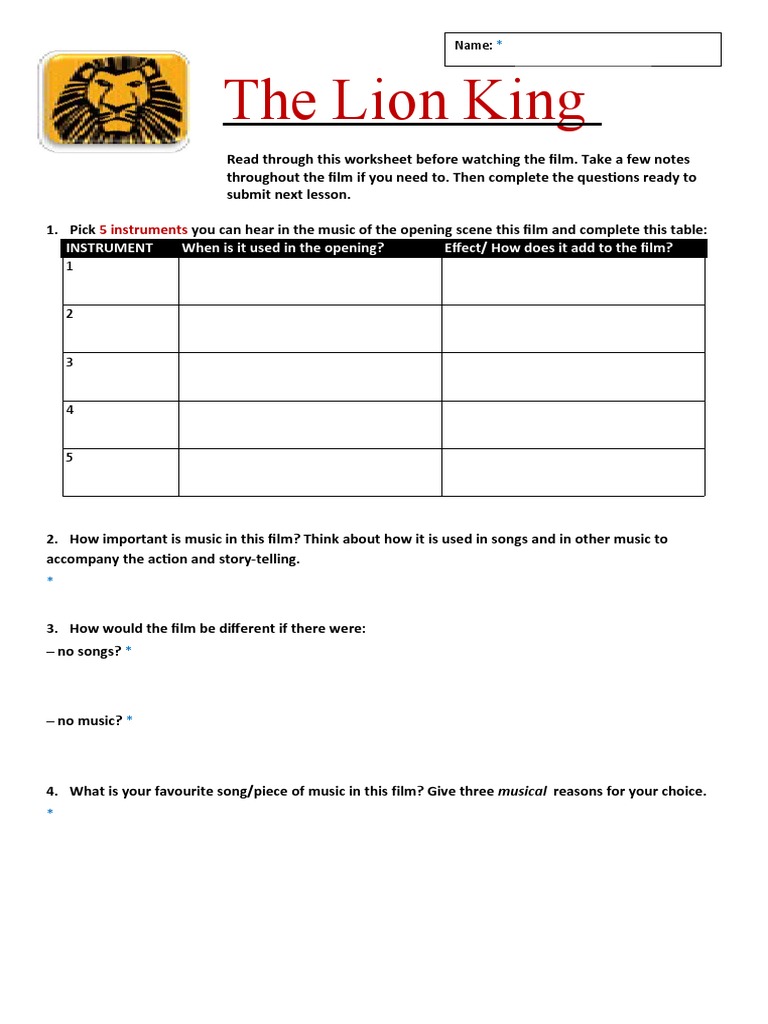 Lion King Worksheet 1 | PDF