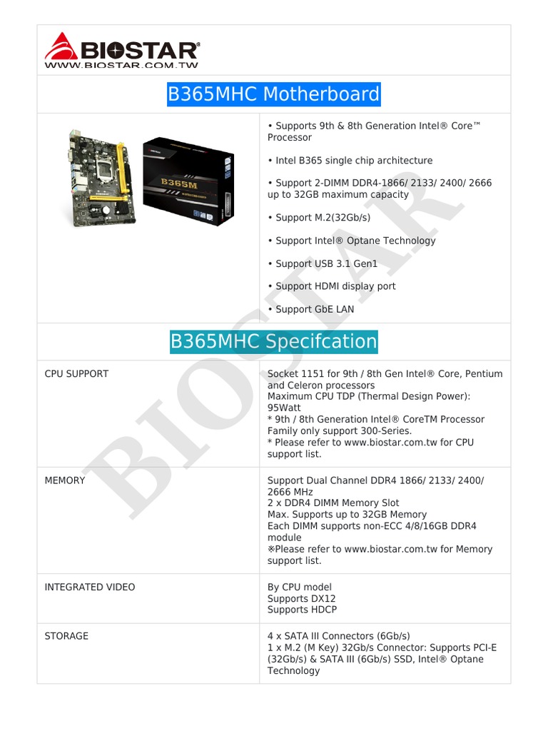 Biostar B365MHC Spec | PDF