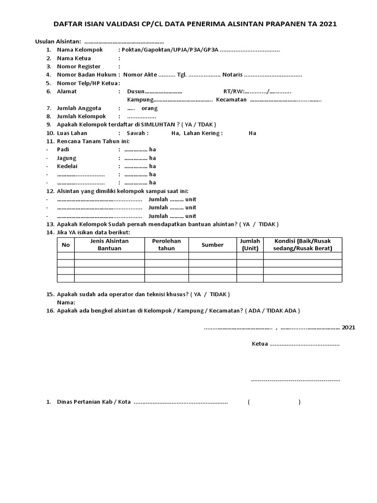 Blangko Validasi CPCL Alsintan | PDF | Komputer | Teknologi & Rekayasa