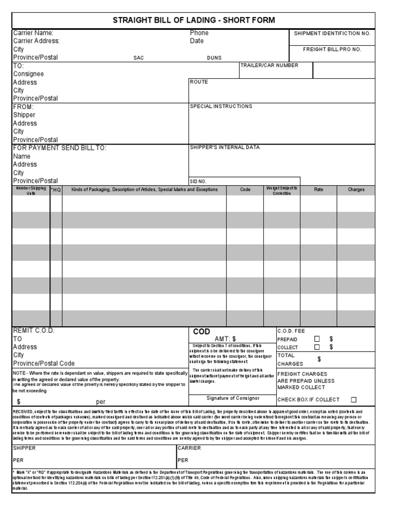 Bill of Lading Template | PDF | Cargo | Bill Of Lading