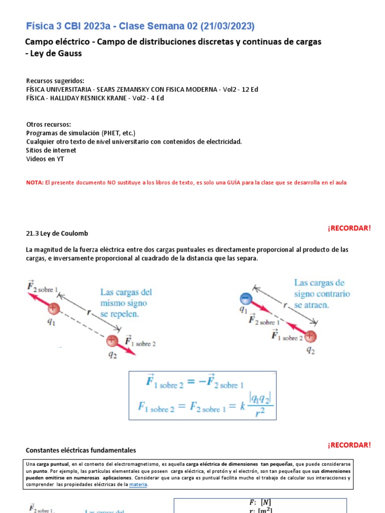 Clase 02 2023a Campo E Alumnos FV | PDF | Campo eléctrico | Fuerza
