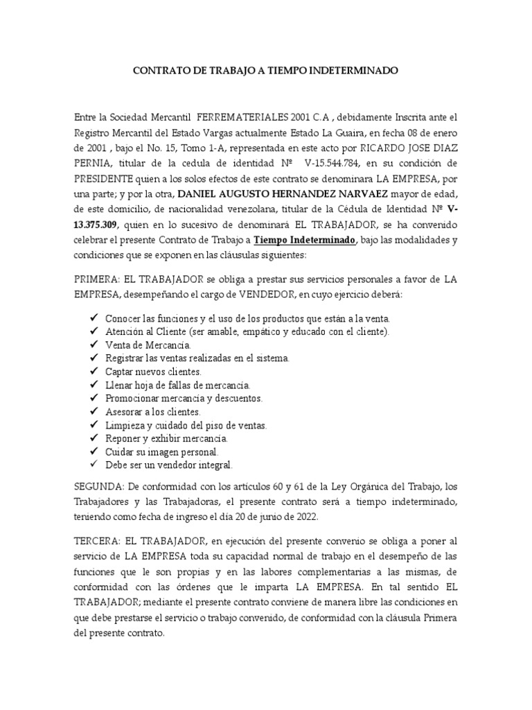Contrato de Trabajo Vendedor Indeterminado | PDF