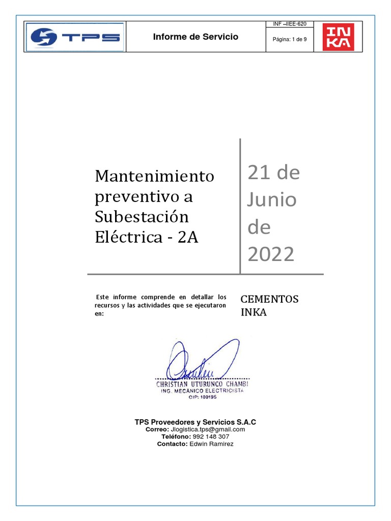 Informe Tps- 620 Mantenimiento Preventivo a Sub-estacion Electrica - 2a | PDF | Subestacion ...