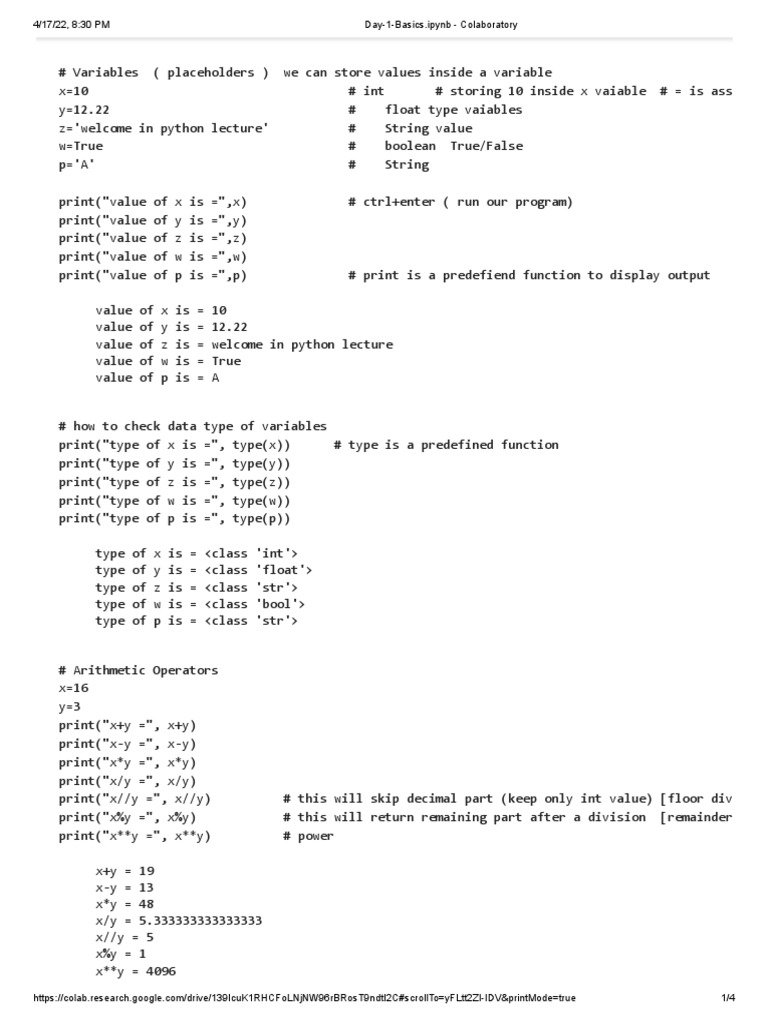 Day 1 Basics Ipynb Colaboratory Pdf Data Type Integer Computer Science