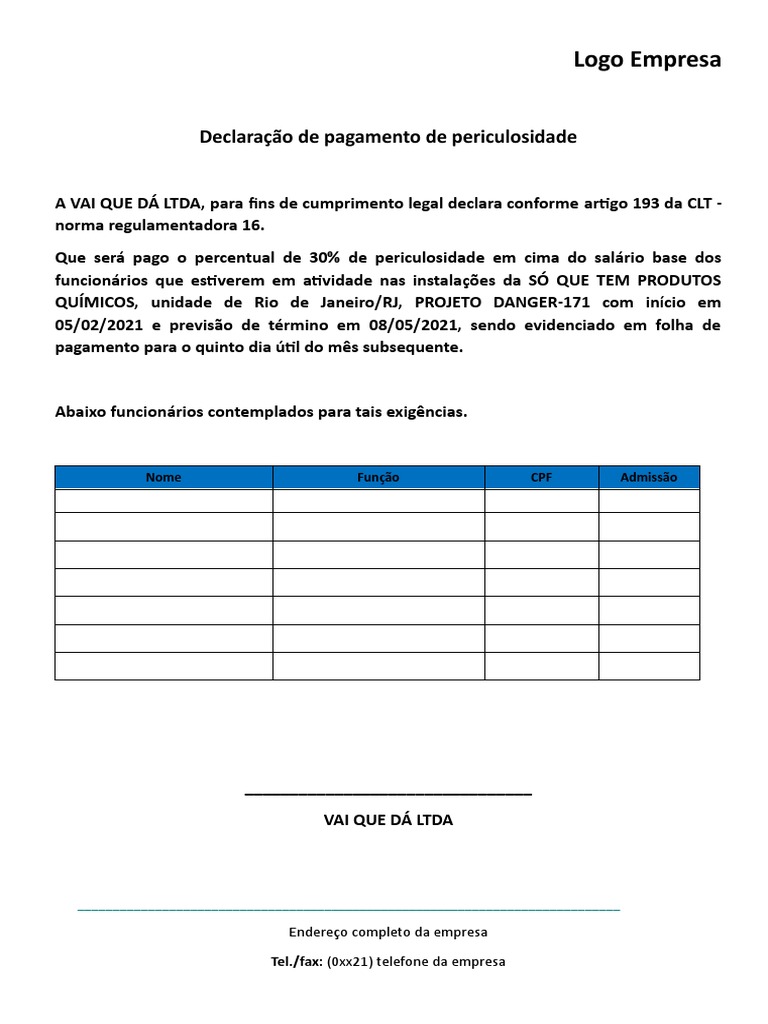 Declaração de pagamento de periculosidade - Modelo | PDF