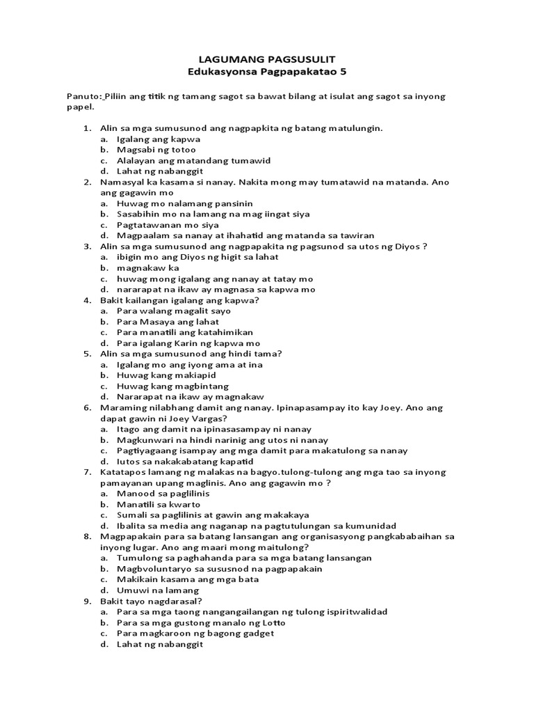 Lagumang Pagsusulit Sa Esp 5 Q4 | PDF