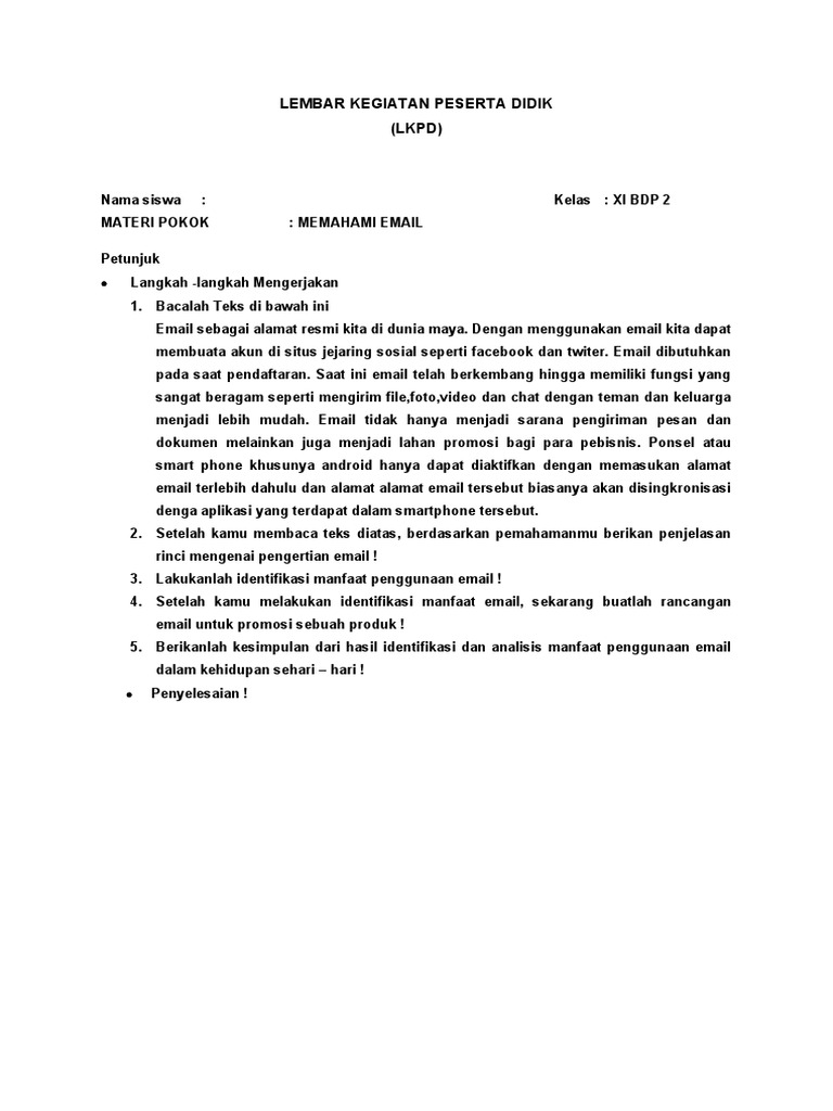 LEMBAR KEGIATAN PESERTA DIDIK XI BDP 2 Memahami Amail | PDF | Karier & Perkembangan | Ilmu Sosial