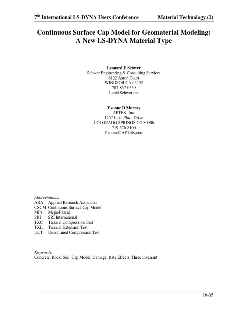 Continuous Surface Cap Model For Geomaterial Modeling A New Ls Dyna Material Type Download