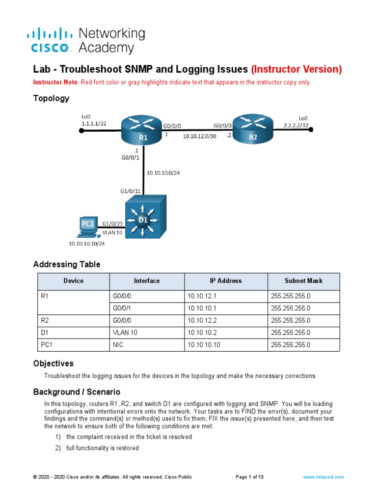 23.1.3 Lab - Troubleshoot SNMP and Logging Issues - ILM | PDF | Router (Computing) | Internet ...