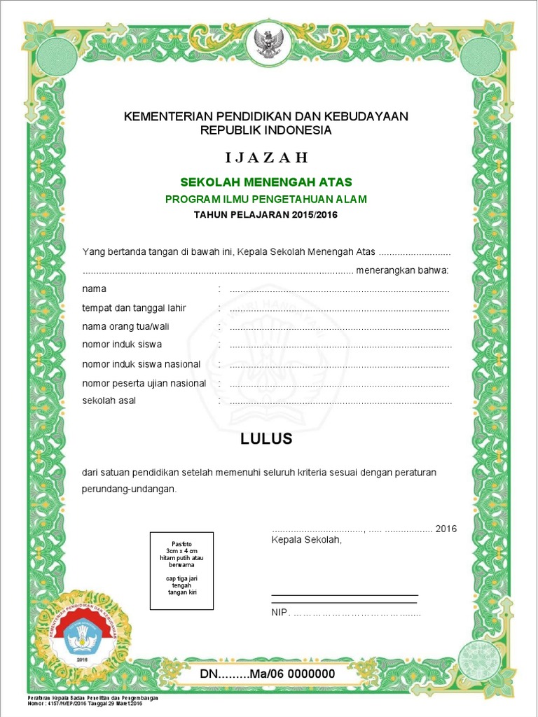 3 Lampiran Contoh Pengisian Blangko Ijazah Sma Ipa 2016 Halaman 3 | PDF
