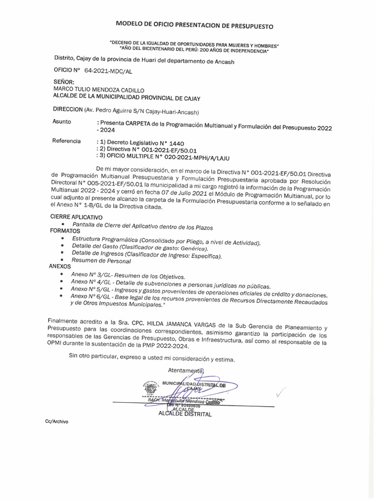 Modelo de Oficio Presentacion de Presupuesto | PDF