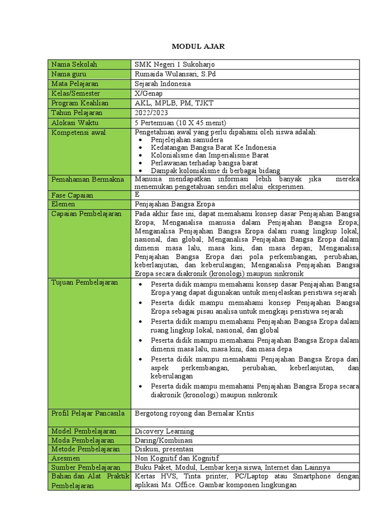 Modul Ajar Sejarah Kelas X_ Penjajahan Bangsa Eropa Di Indonesia (2) | PDF