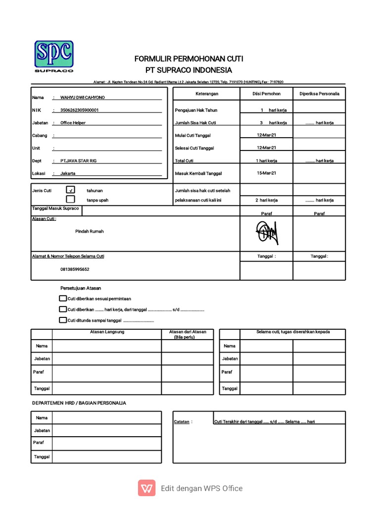 Formulir Pengajuan Cuti Karyawan | PDF