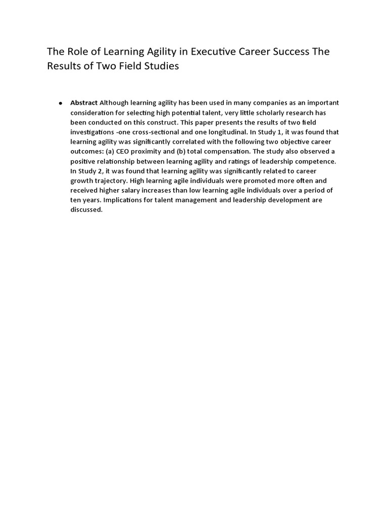 The Role of Learning Agility in Executive Career Success The Results of Two Field Studies | PDF