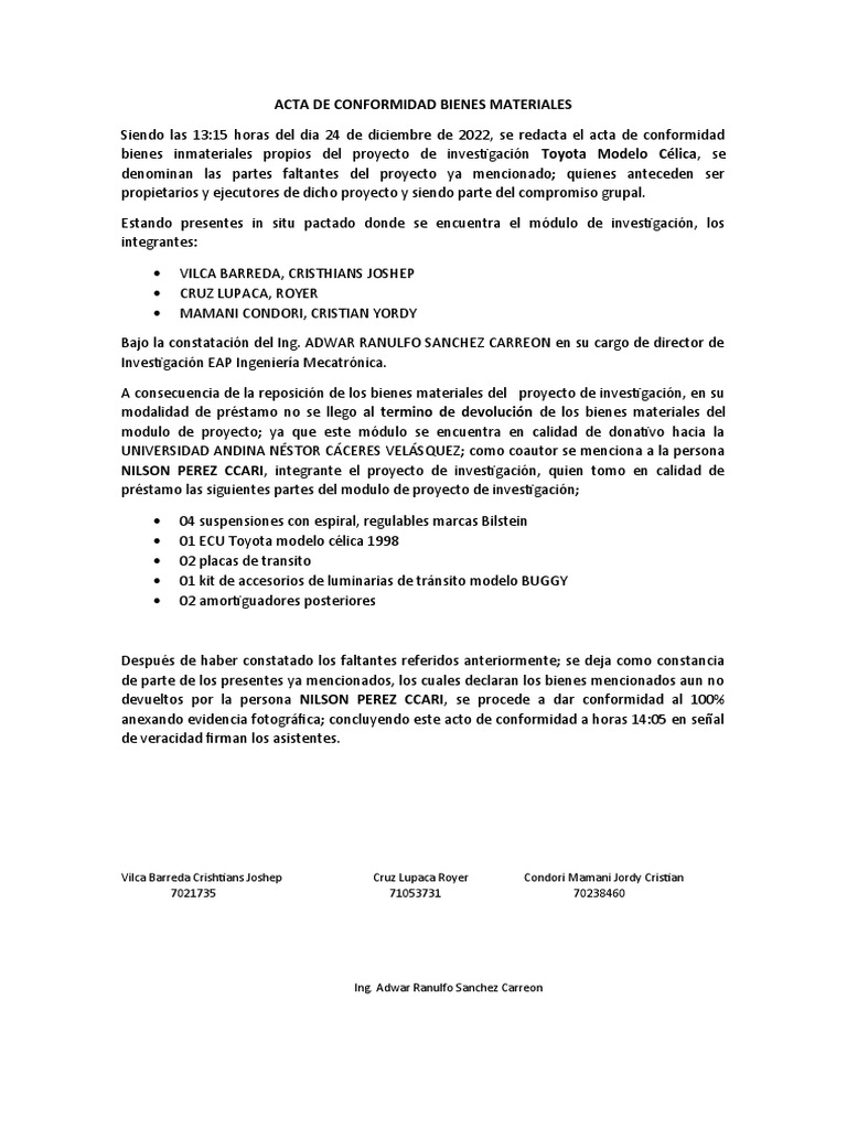 Acta de Conformidad Bienes Materiales | PDF