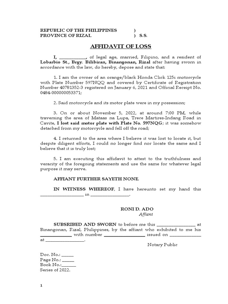 Affidavit of Loss | PDF | Law