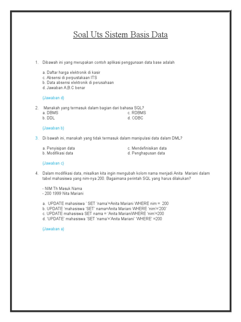 Soal Uts Sistem Basis Data | PDF