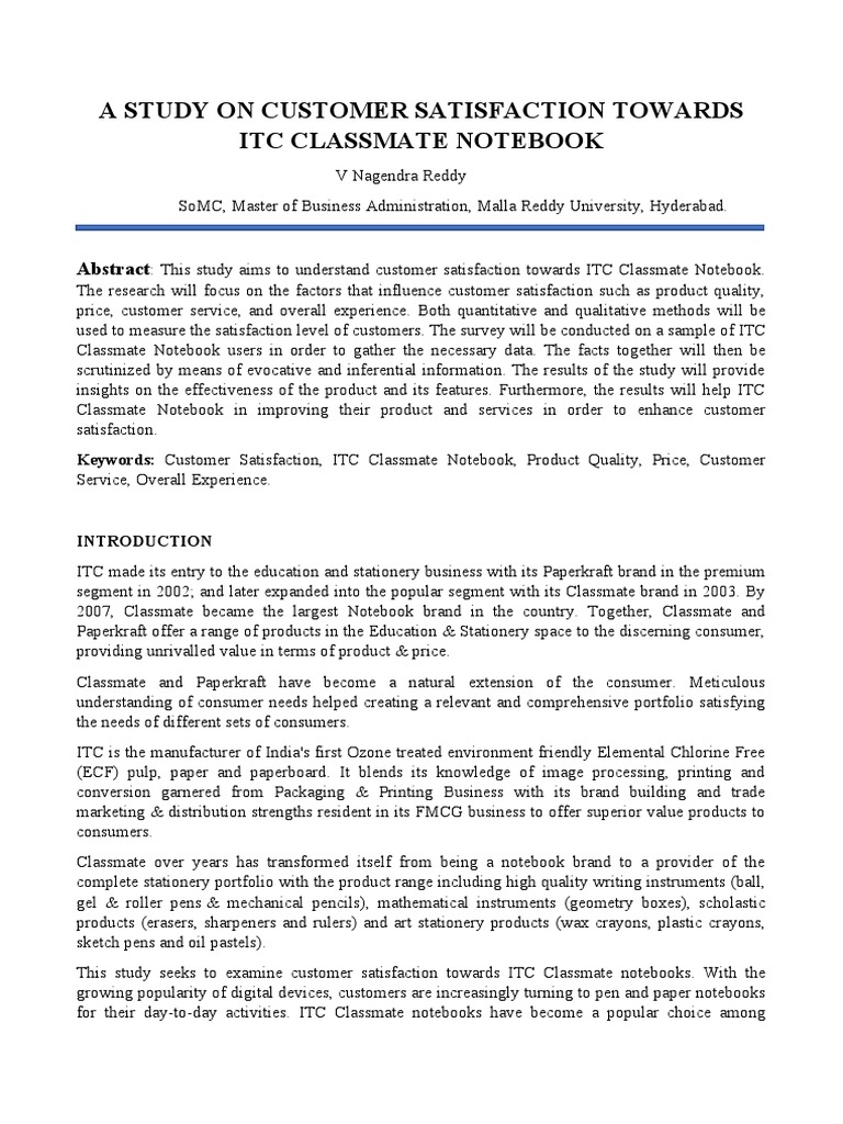 A Study On Customer Satisfaction Towards Itc Classmate Notebook | PDF | Consumer Behaviour ...