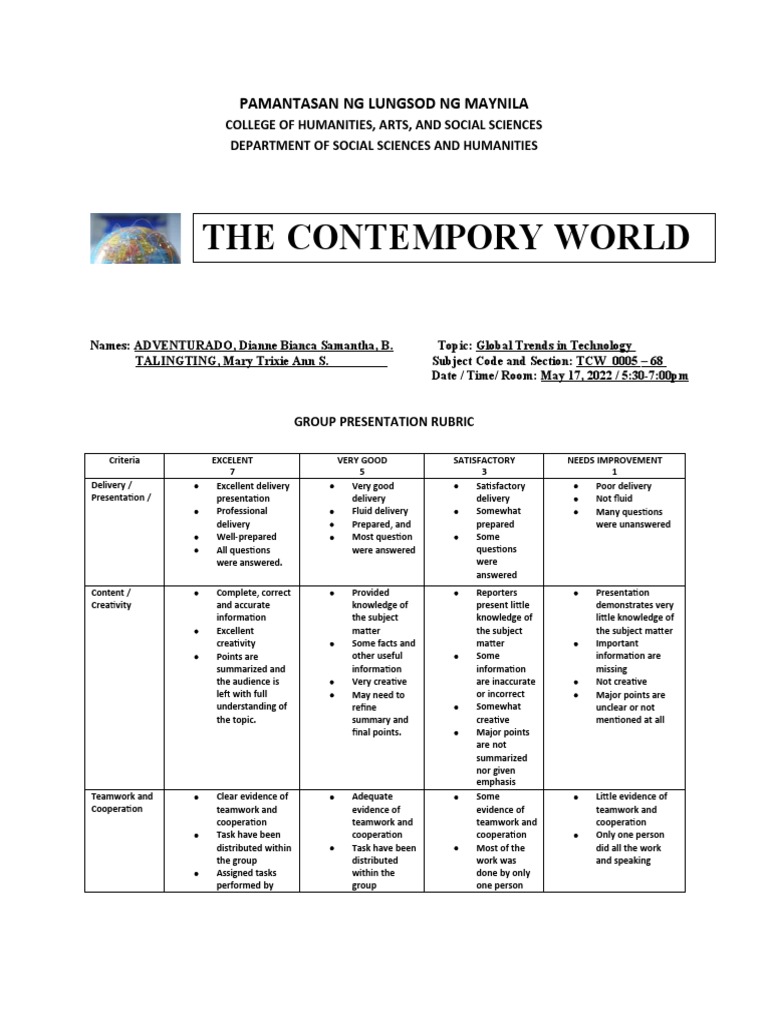 Adventurado, Talingting - RUBRICS - REPORTING - TCW | PDF
