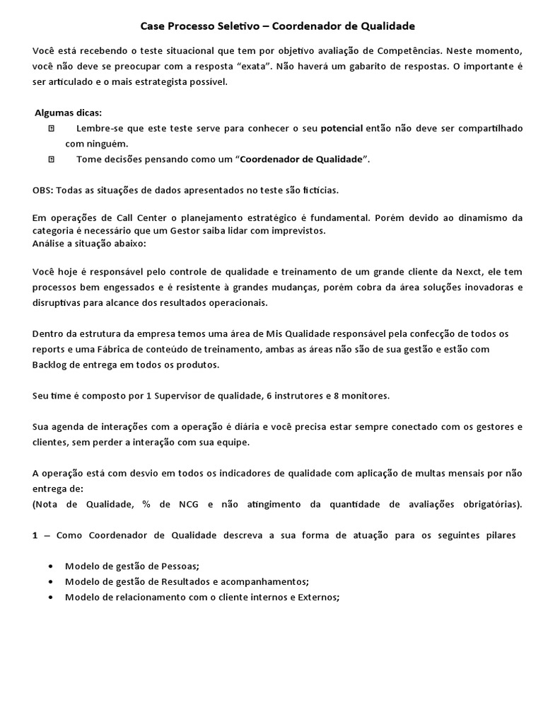 Case Processo Seletivo Coordenador de Qualidade | PDF Case Processo Seletivo Coordenador de Qualidade | PDF